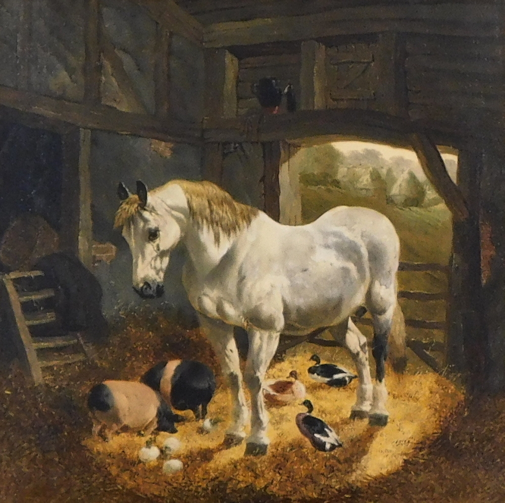 John Frederick Herring Jr. | A farmyard stable scene with a grey cob ...