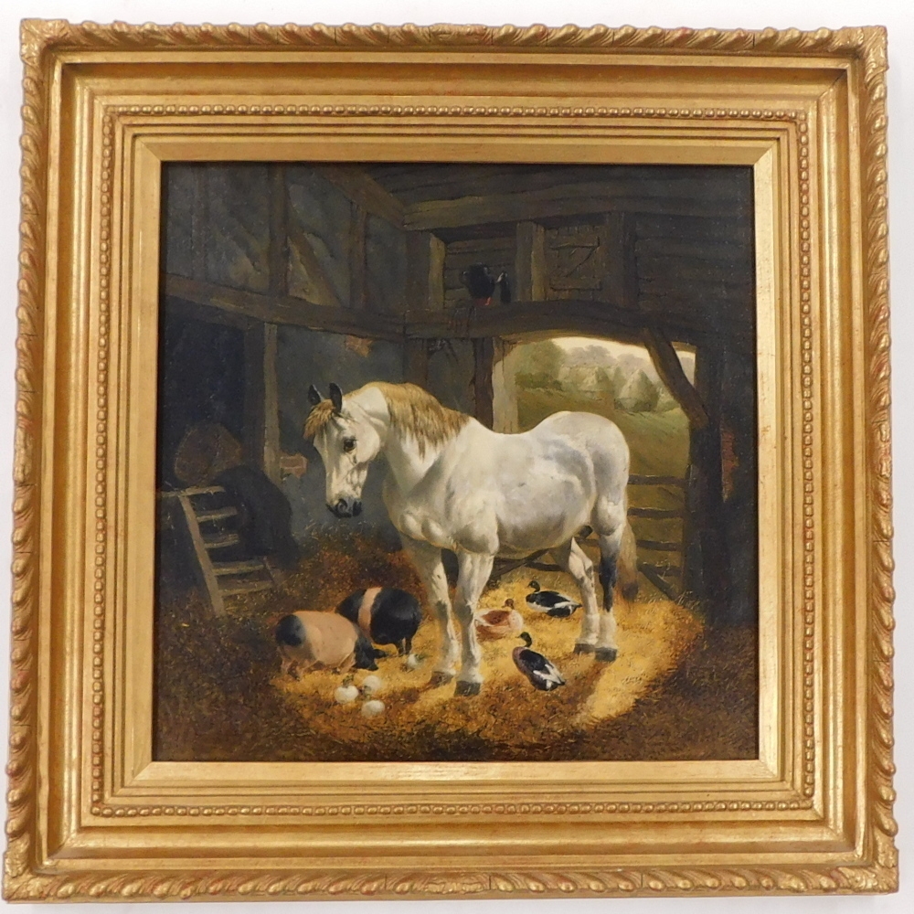 John Frederick Herring Jr. | A farmyard stable scene with a grey cob ...