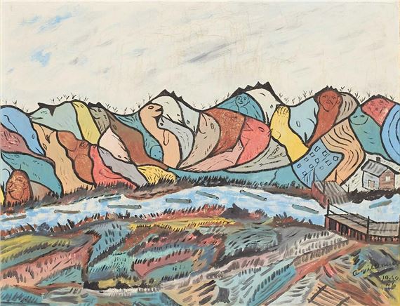 Arthur Villeneuve | Lac et dinosaures - 1960 (1960) | MutualArt