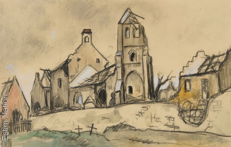 Fernand Andrey-Prevost | Country church Charcoal drawing with ...