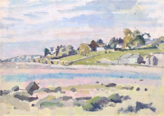 Harry Rutherford | Coastal scene with buildings across the bay | MutualArt
