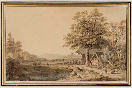 Johann Ludwig Aberli | Landscape with a thatched farmhouse by a small ...
