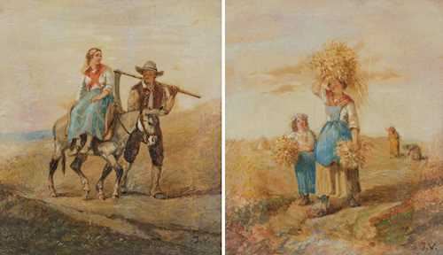 Jules Jacques Veyrassat | Pair of works: Harvest scenes with peasants ...