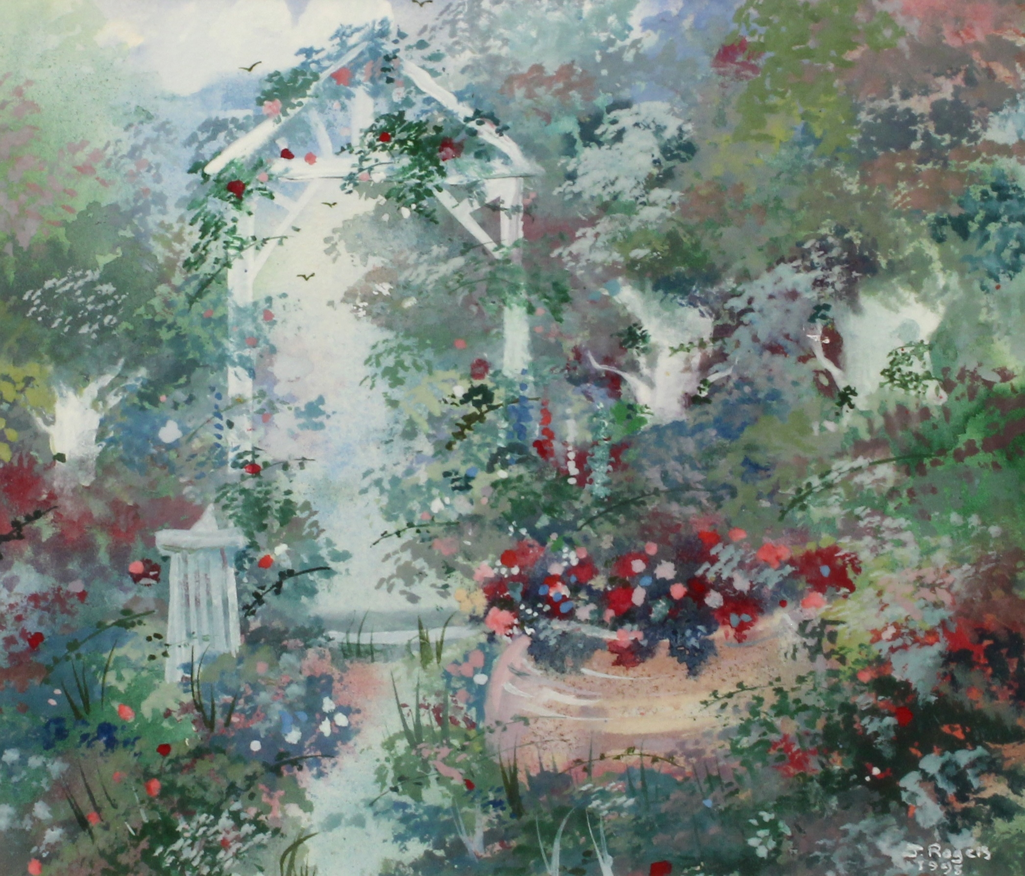 Janet Rogers | English country garden with bench (1993) | MutualArt