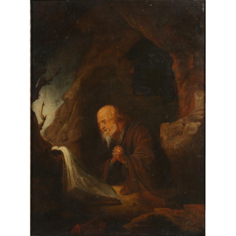 Jan Staveren | a hermit kneeling in prayer in a cave | MutualArt