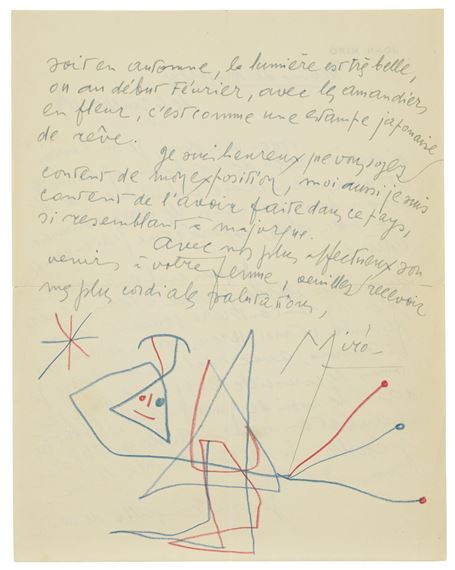 Joan Miró | Lettre autographe signée à Henri Matarasso avec dessin ...