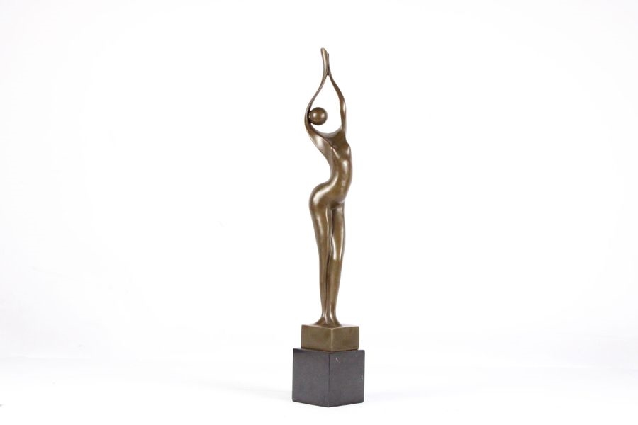 Milo Martin | Large bronze statue of a stylized nude woman, arms raised ...