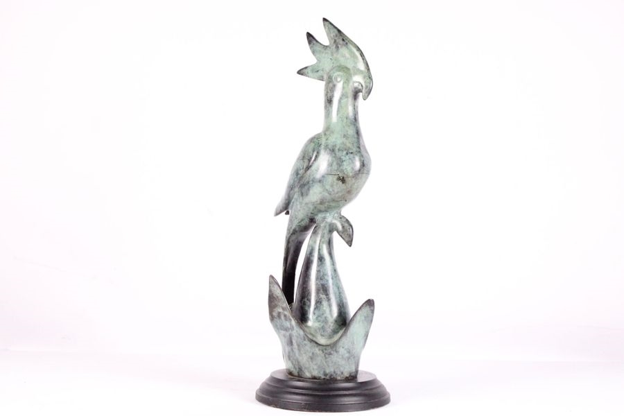 Milo Martin | Large green patinated bronze statue of a parrot on a ...
