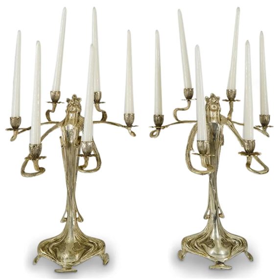 Achille Gamba | Pair of silver metal Art Nouveau six-flame candelabra ...