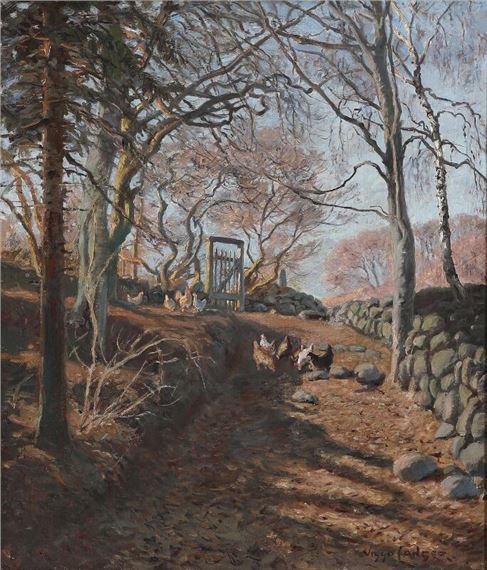 Olaf Viggo Peter Langer | A sunlit path with chickens | MutualArt