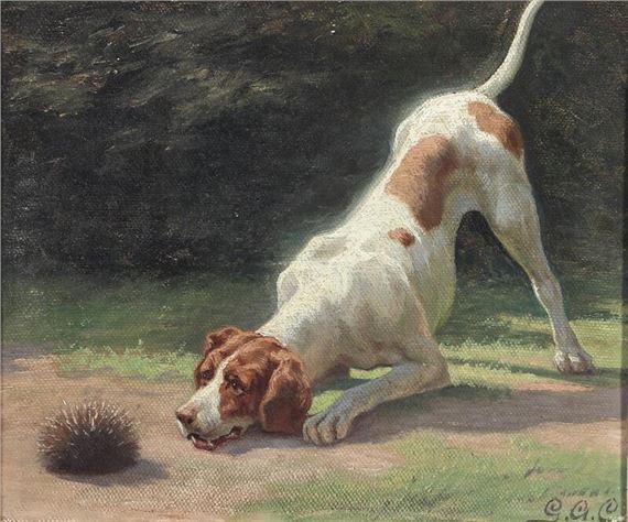 Gustaf Adolf Clemens | A dog playing with a hedgehog | MutualArt