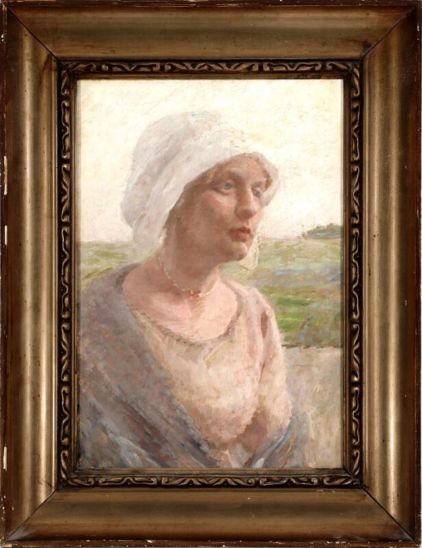Julius Paulsen | Portrait of a young woman with a white bonnet and a ...