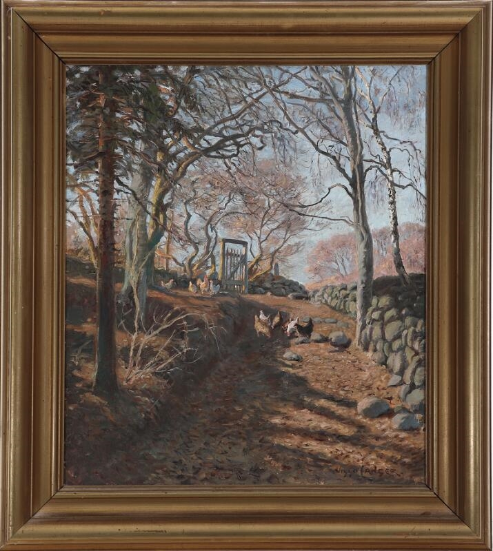 Olaf Viggo Peter Langer | A sunlit path with chickens | MutualArt