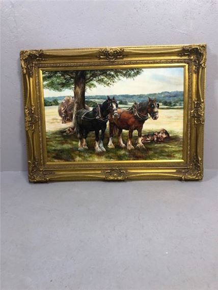 Peter Goodhall | A countryside harvest with foreground two Shire horses ...