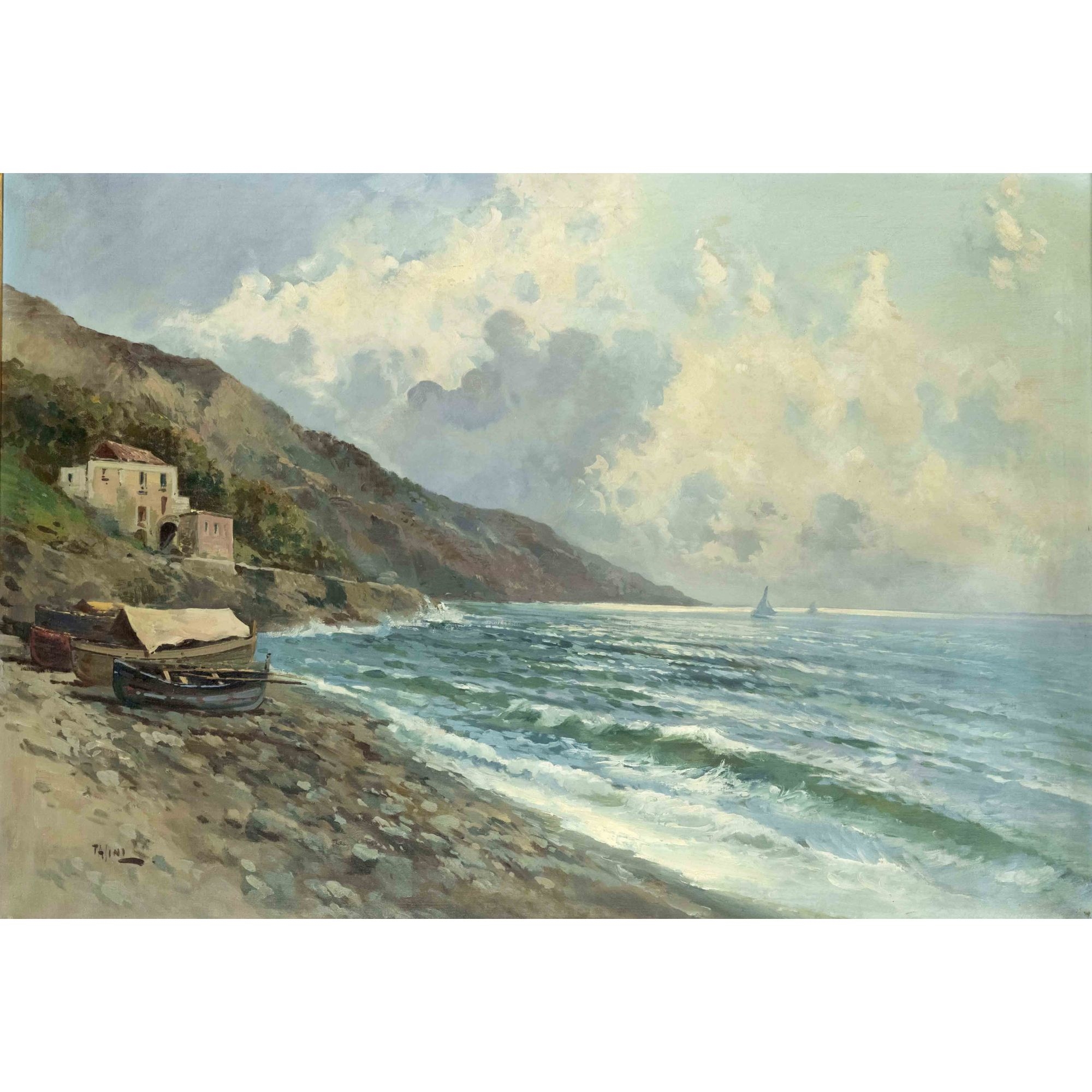 Emilio Pasini | Italian coastal scene with boats | MutualArt