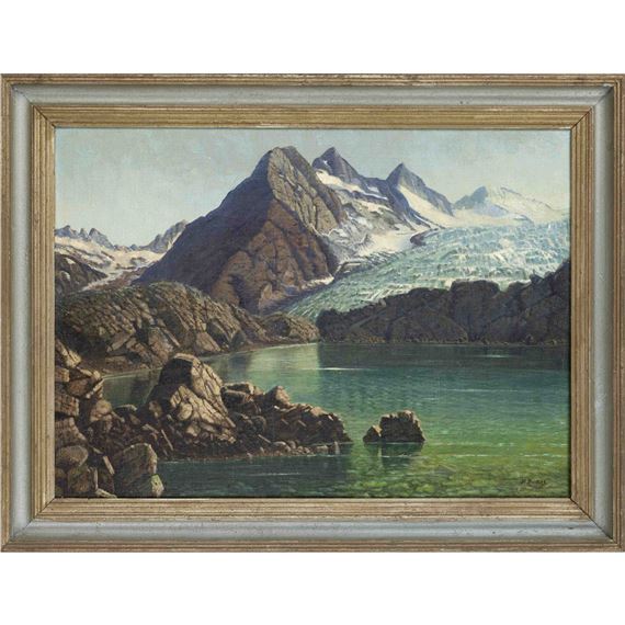 H. Dames | Alpine landscape with lake and glacier (1942) | MutualArt