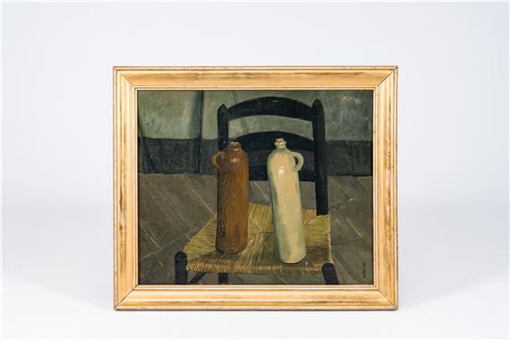 Leo Piron | Still life with chair and two bottles | MutualArt