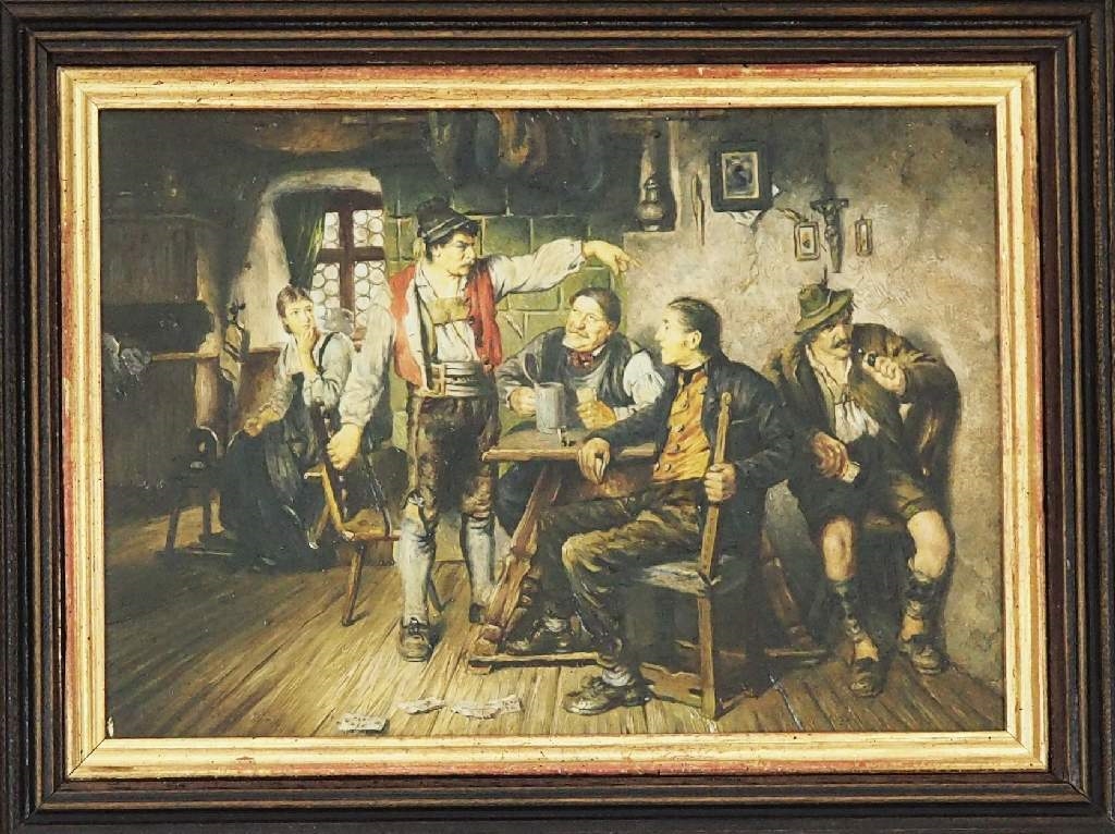 Josef Hofbauer | Vier Kartenspieler und ein Mädchen am Spinnrad (1992) | MutualArt