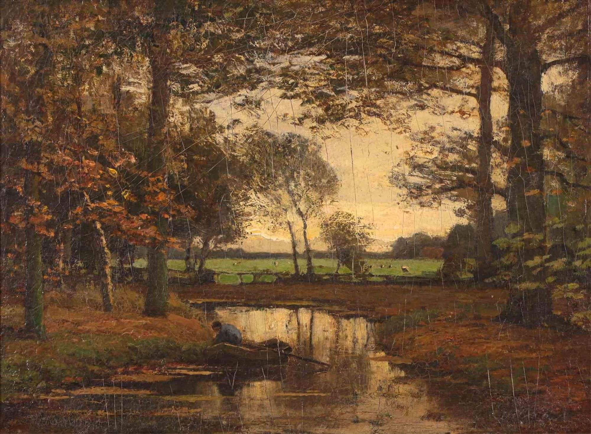 Arnold Marc Gorter | Untitled, Man in a Rowboat at the Edge of a Wooded ...
