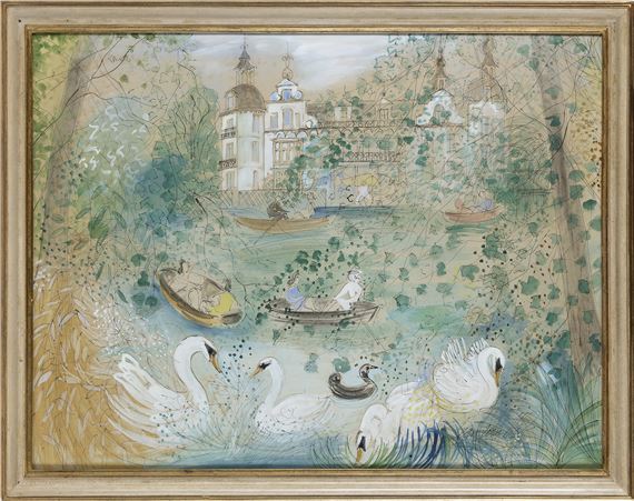 Jean Wel | JEAN VAN WEL - BOATS AND SWANS ON A POND | MutualArt
