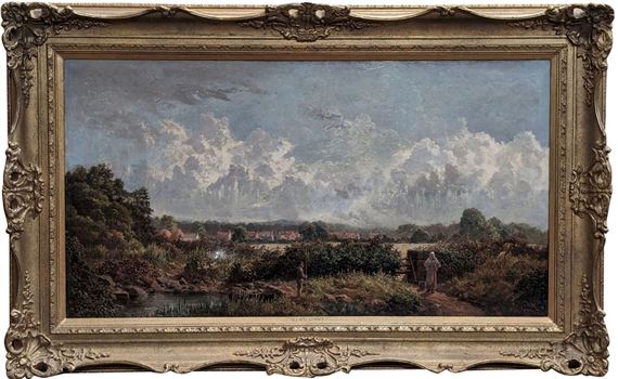 Harry J. Williams | Landscape with stream, figures, and village | MutualArt