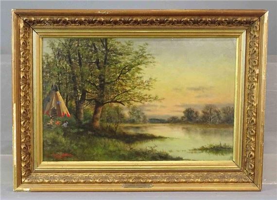 Fred Porter | landscape with American Indians and teepee. Oil on panel ...