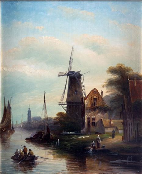 Jacob Jan Coenraad Spohler | Riviergezicht met molen en personen ...