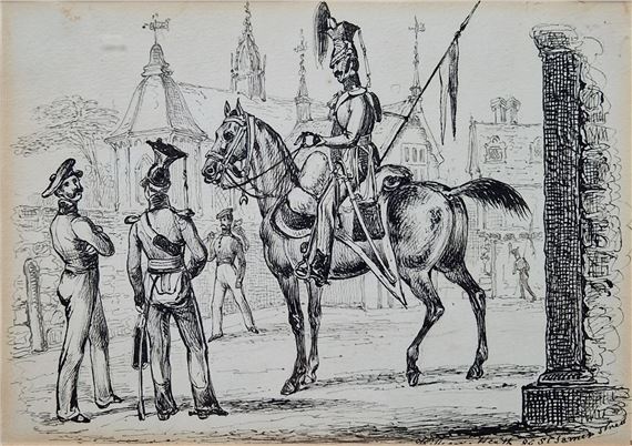 William Heath | Mounted cavalry officer talking to guards in military barracks | MutualArt