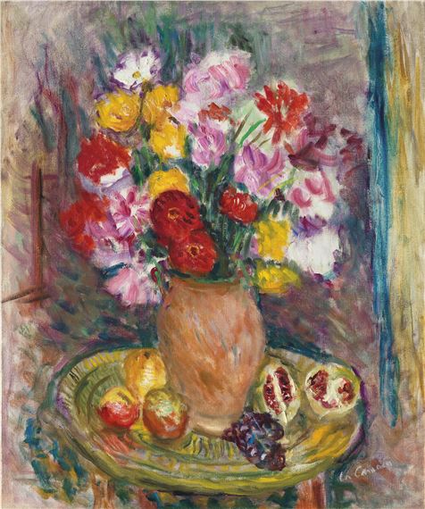 Charles Camoin | Pot de grès rose aux zinias et aux fruits sur un ...