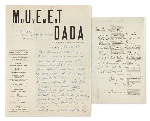 Tristan Tzara | Deux lettres autographes signées à Man Ray, sur papier ...
