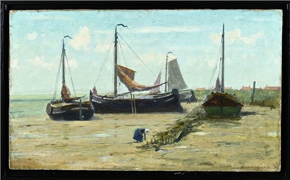 Léon Valckenaere | Strandgezicht met platbodems | MutualArt