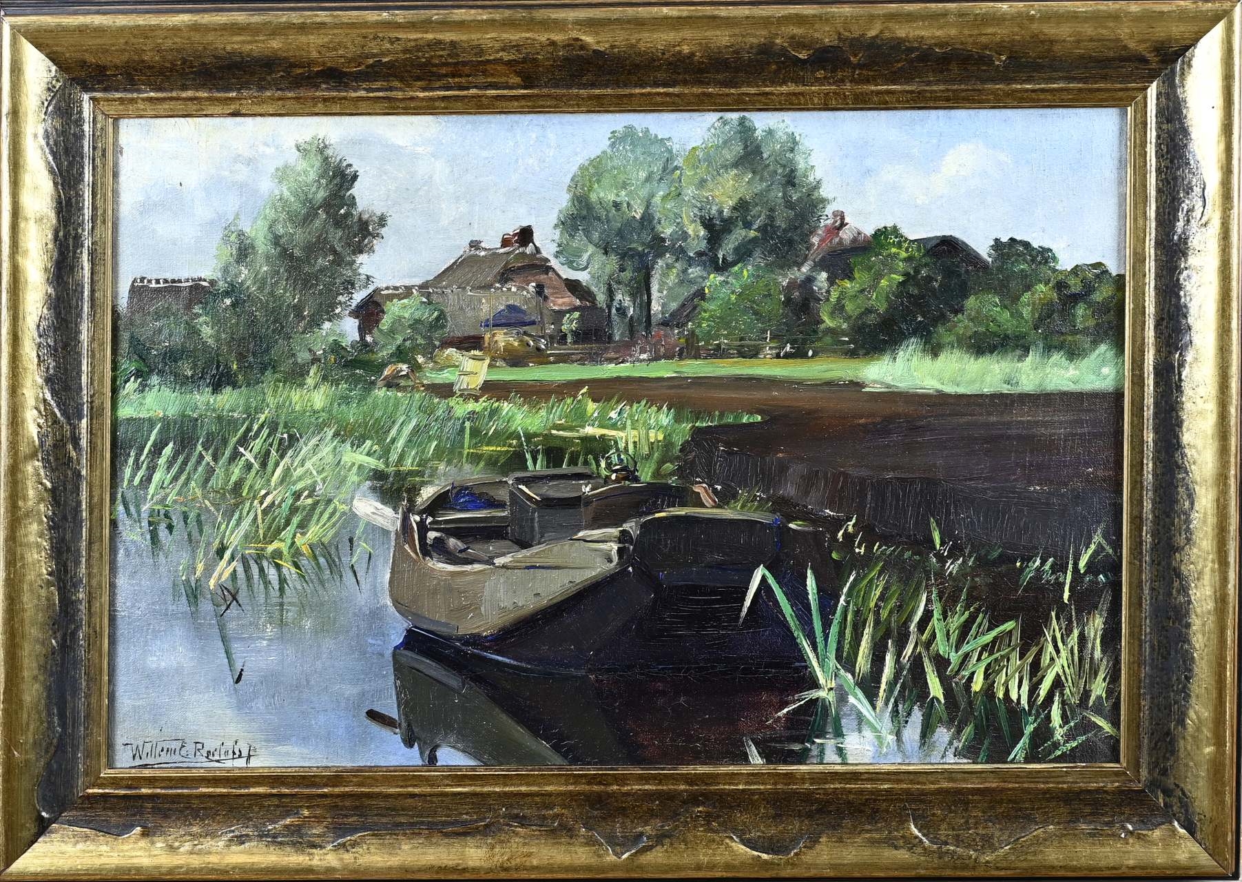 Willem Roelofs | Waterplas bij boerderij en roeiboot | MutualArt
