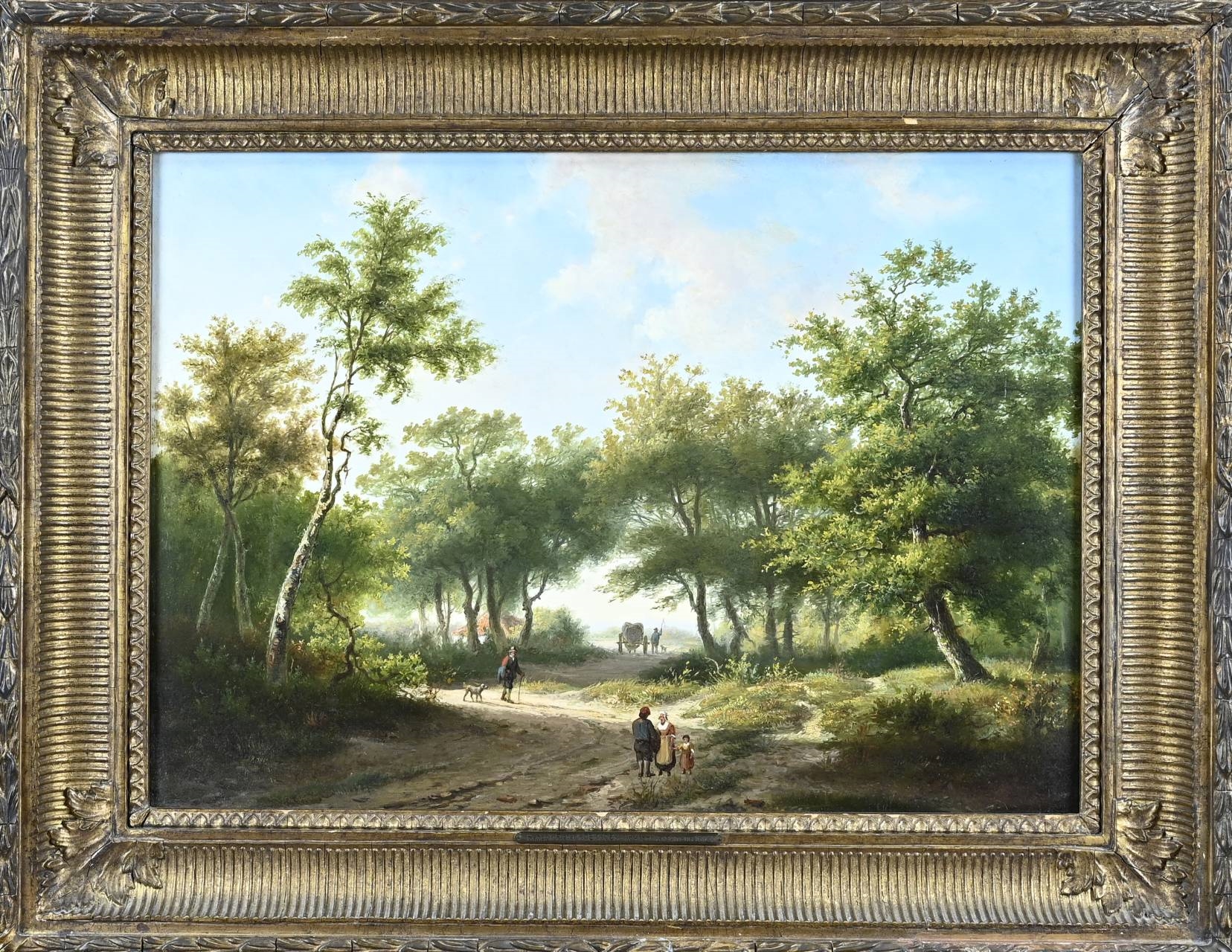 Hendrik Pieter Koekkoek | Zonnig bospad met paardenkar en figuren ...