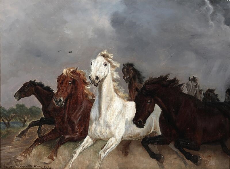 Simon Simonsen | Horses frightened of the storm (1876) | MutualArt