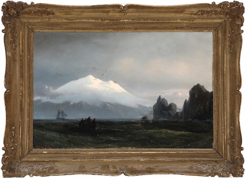 Vilhelm Melbye | Seascape with men being rowed out to a ship by a rocky ...