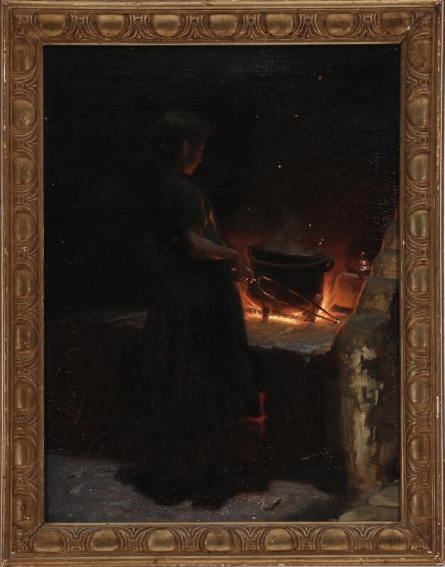 Georg Nicolaj Achen | A girl watching the fire in a farmers kitchen ...