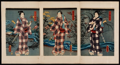 Utagawa Kunisada III | Triptych of Three Lords by a Flowing River ...