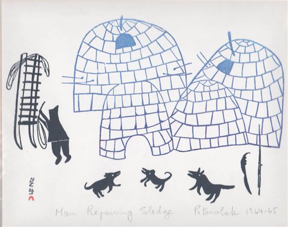 Pitseolak Ashoona | Pitseolak 'Man Repairing Sled' Signed Print Inuit ...