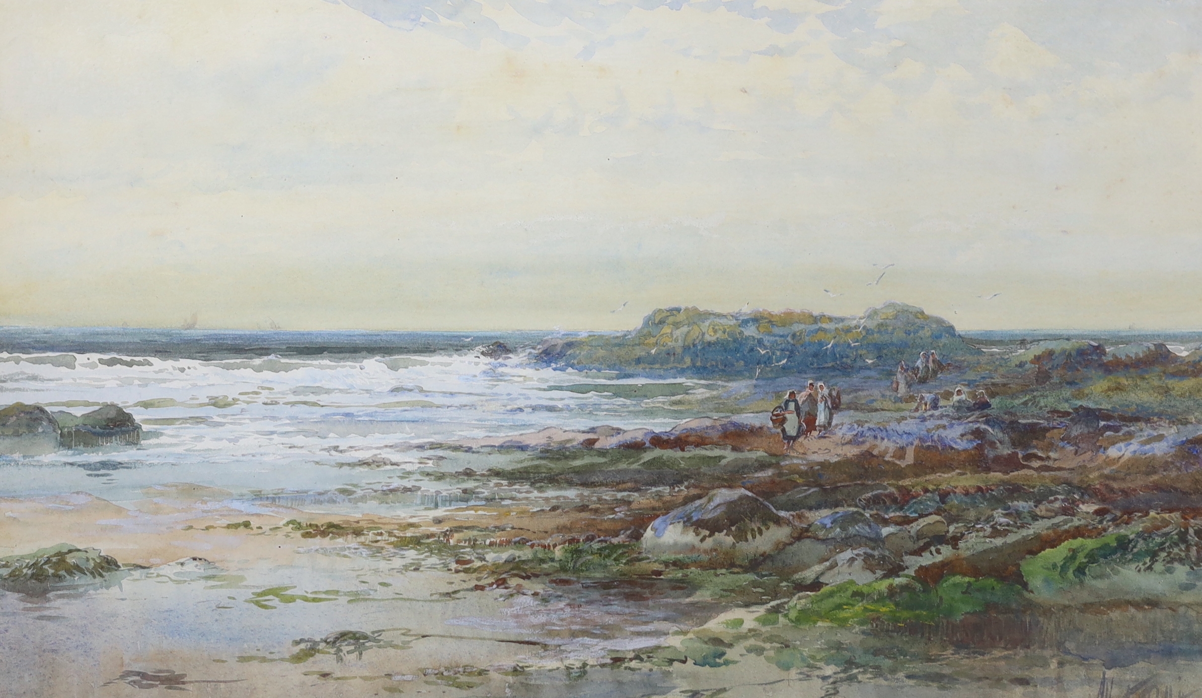 Albert Pollitt | Rocky coastal cove with distant boats (1912) | MutualArt