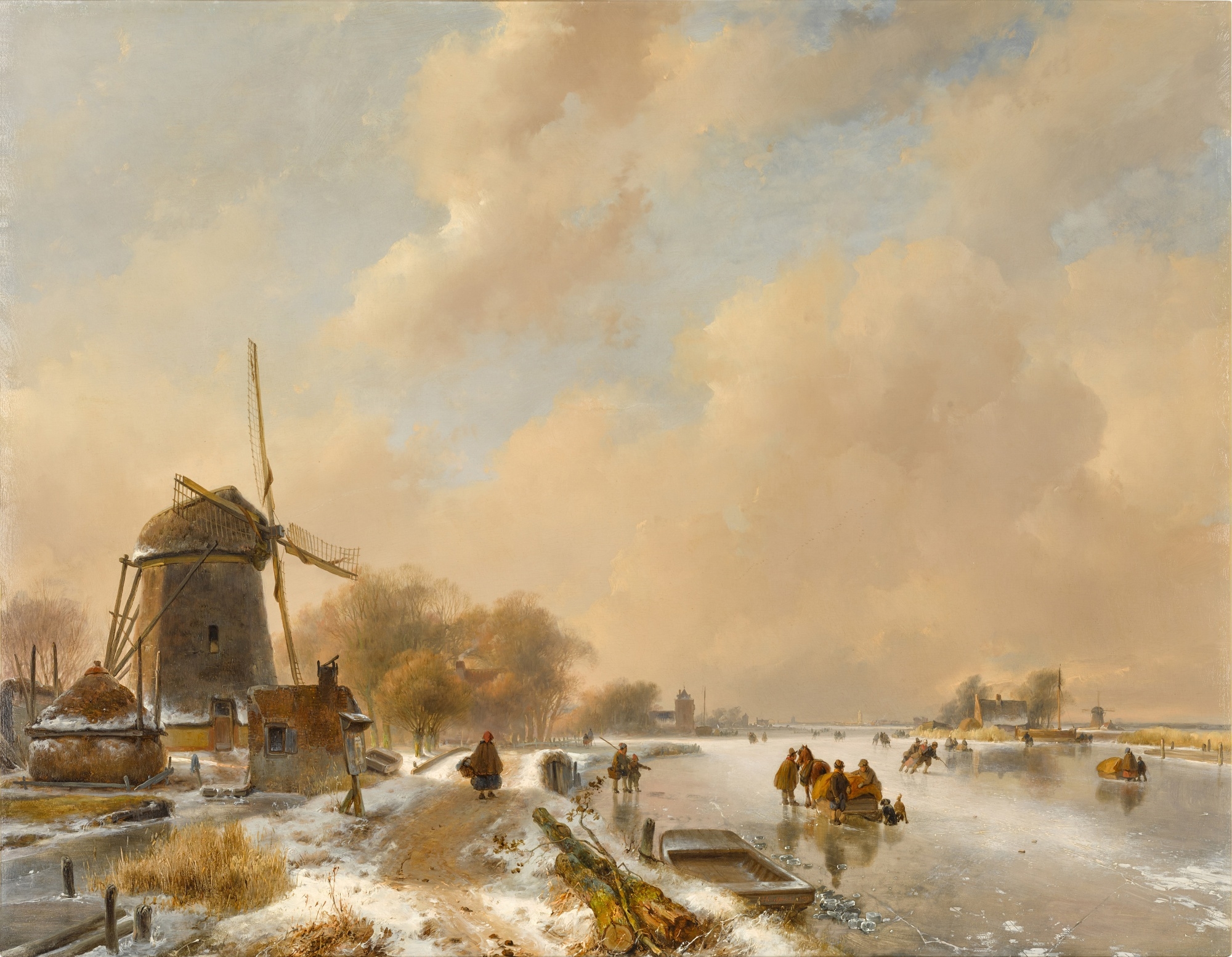 Andreas Schelfhout | A winter landscape with skaters on a frozen ...