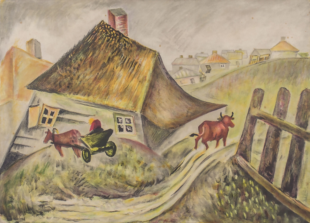 Issachar Ryback | 'Dorfansicht mit Wagen und Stier' / A village view ...