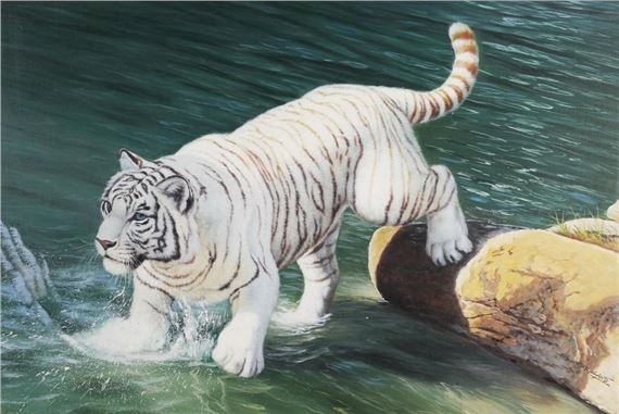 Henry Roland | Oil on canvas painting of a white tiger entering the ...