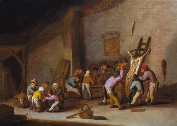 Bartholomeus Molenaer | PEASANTS PREPARING A PIG CARCASS OIL PAINTING ...