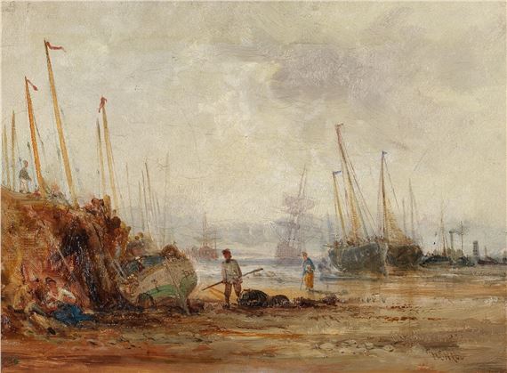 William Edward Webb | Figures on a shore at low tide; On the harbour ...
