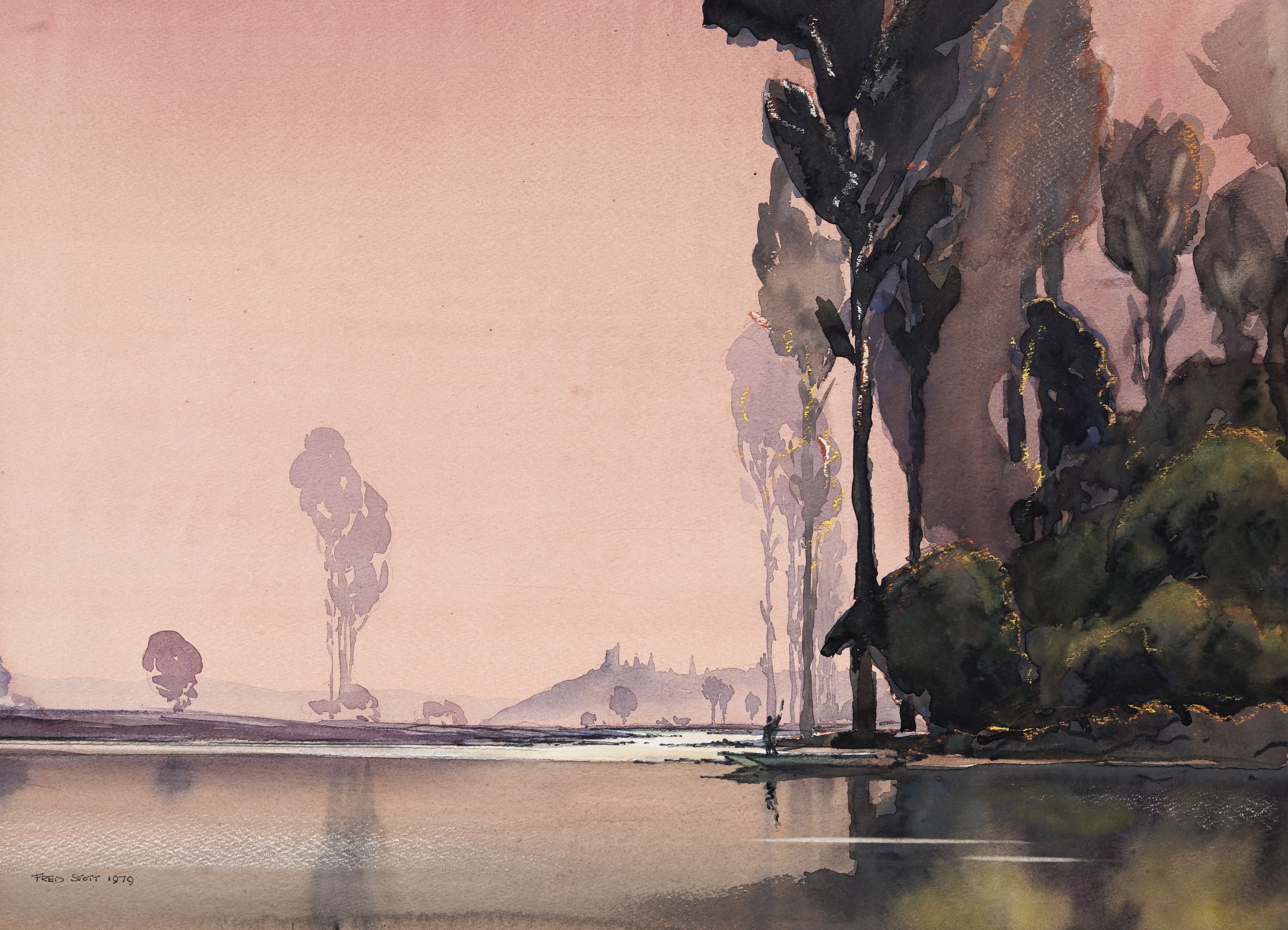 Fred Stott | Pink Dusk and Illuminated Treeline (1979) | MutualArt