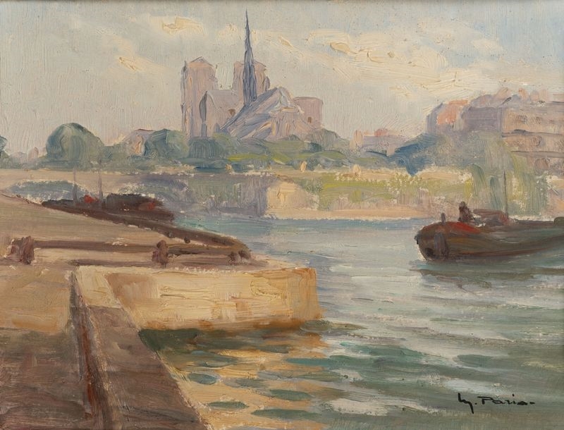 Maurice Paris | Paris, quai de la Seine animé de péniches et chevet de ...