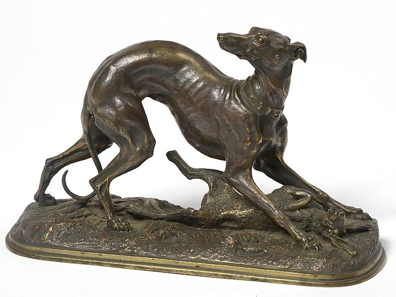 Jules Moigniez | Lévrier chassant un lièvre en bronze à patine brune ...