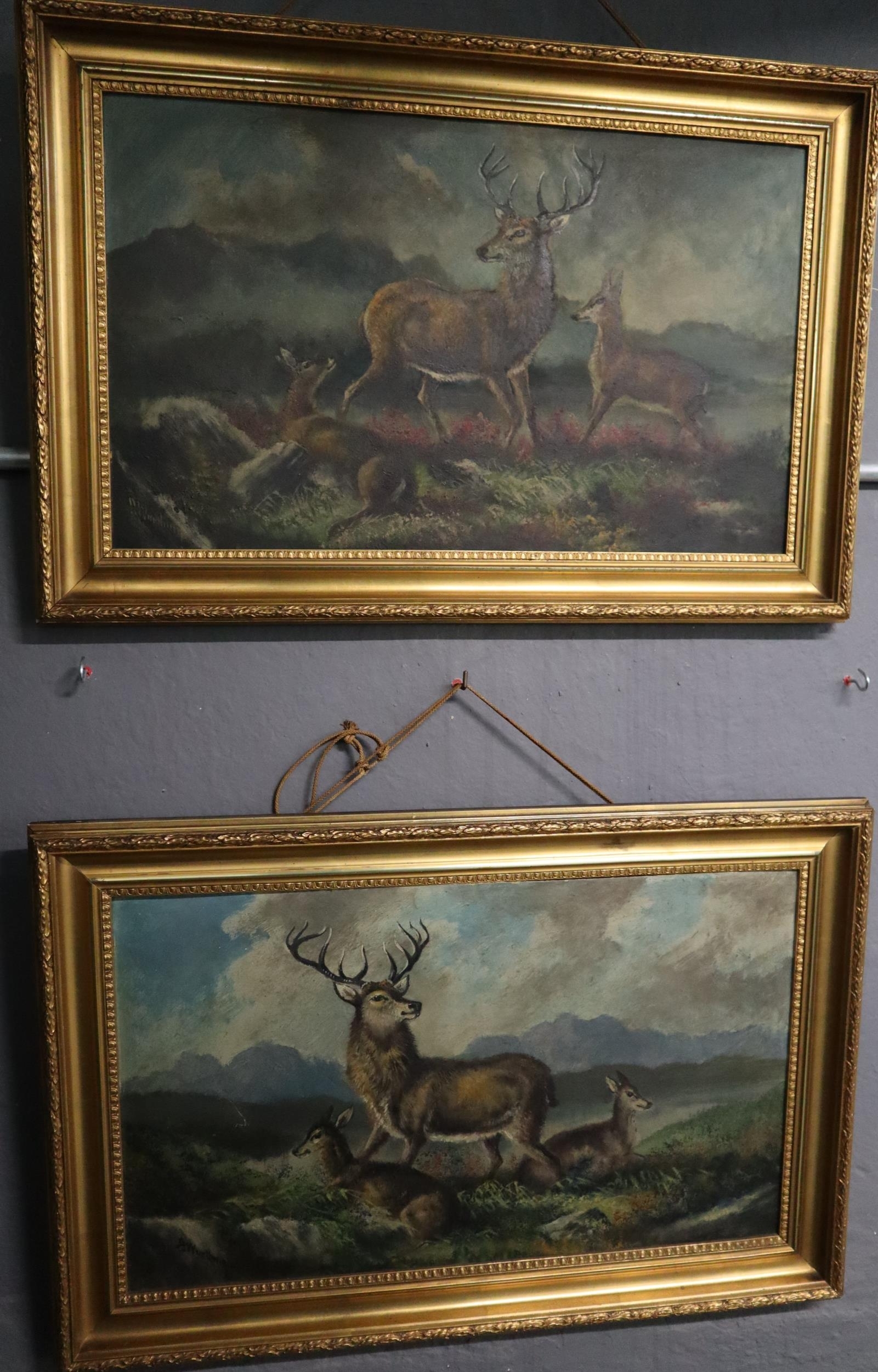 Alfred Worthington | Stag with hinds on a Welsh moor, a pair | MutualArt