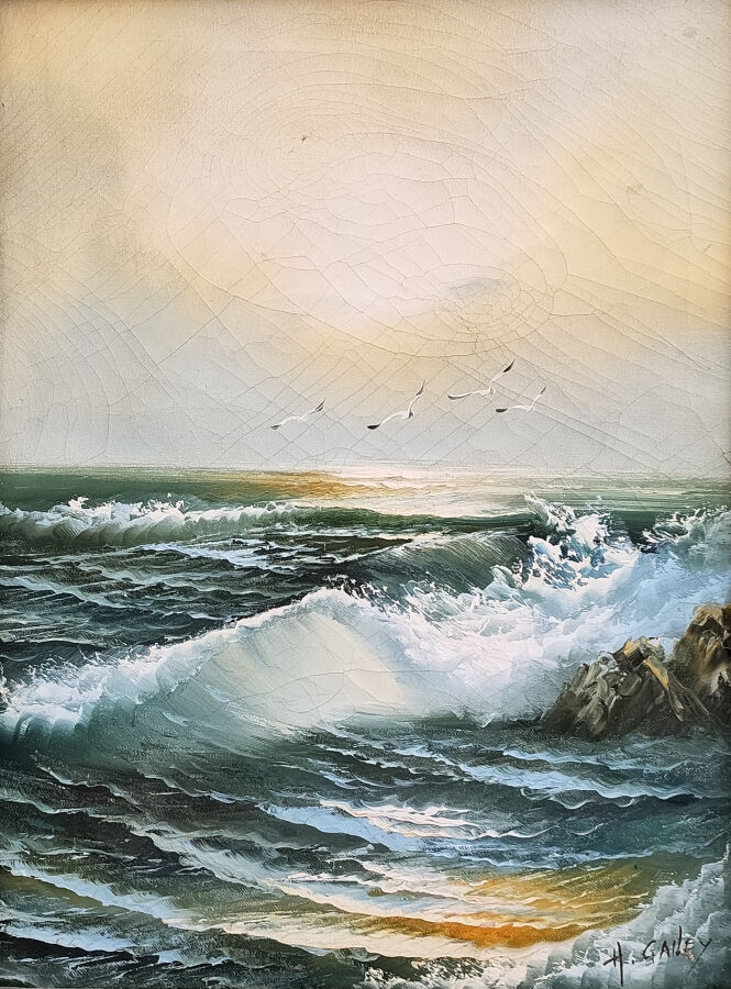 H. Gailey | H. GAILEY (XXème) L'envol des mouettes près des vagues ...