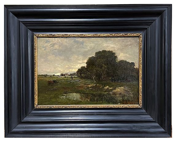 Charles Edwin Lewis Green | landscape with figure and cow in field ...